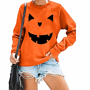 Women's Halloween Pumpkin Face Long Sleeve Sweatshirts Lightweight Casual Pullover Tops (XXL, Orange)