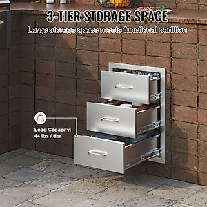VEVOR Outdoor Kitchen Drawers 16" W x 21.5" H x 18" D, Flush Mount Triple Access BBQ Drawers with Stainless Steel Handle, BBQ Island for Outdoor Kitchens or BBQ Island Patio Grill Station