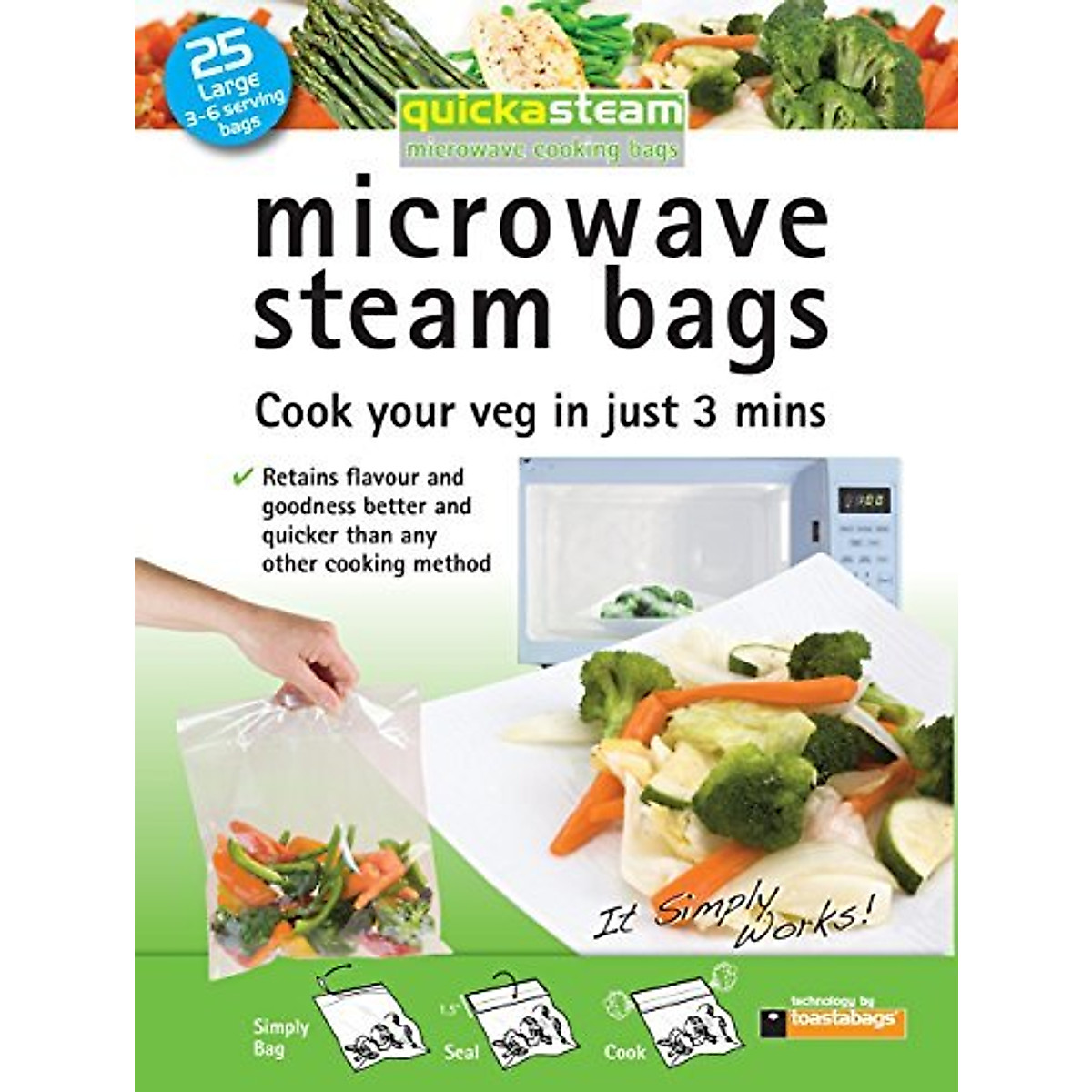 25-Pack Large Quickasteam Microwave Steam Cooking Bags for Faster, Healthier Vegetables
