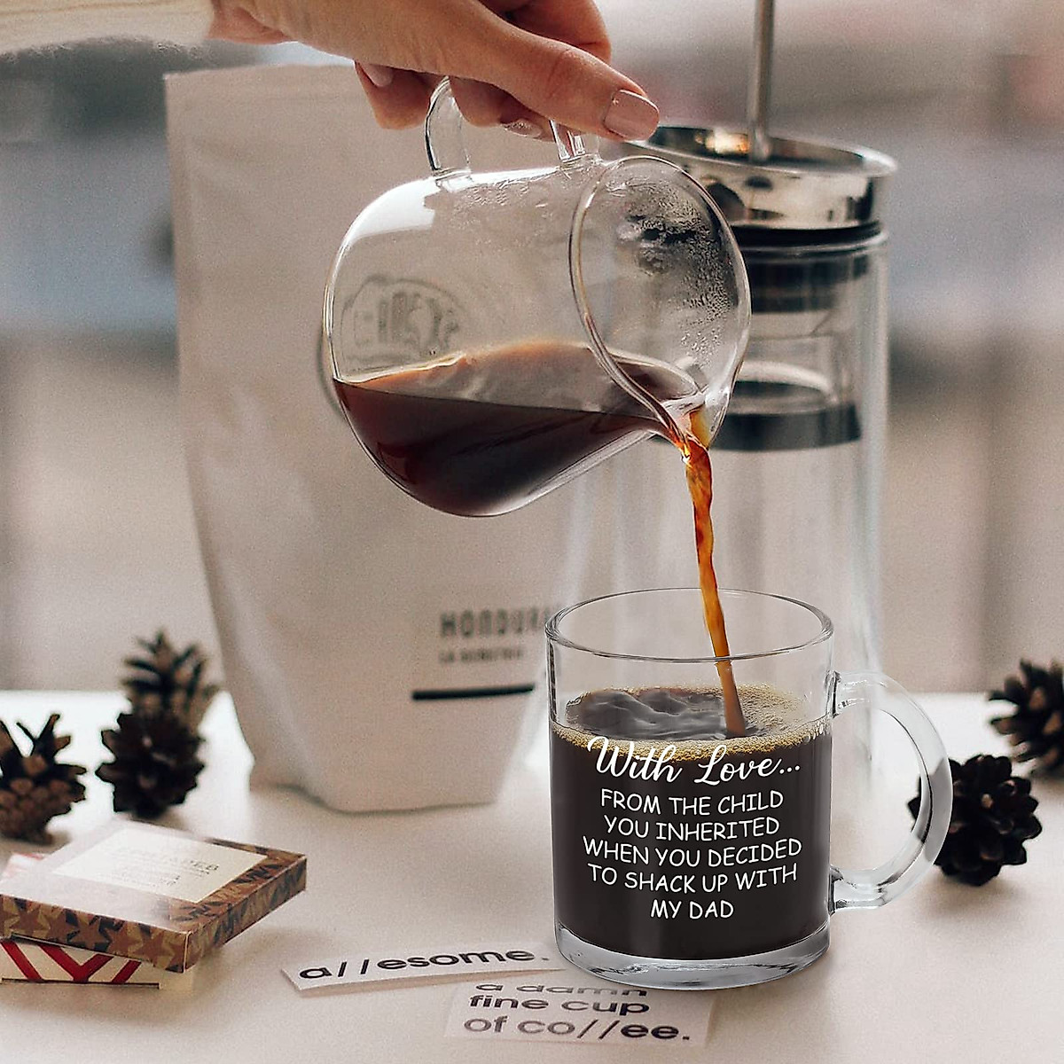 DAZLUTE Funny Glass Coffee Mug Gifts for Stepmom, With Love from the Child You Inherited Clear Coffee Cups with Handle, Mother’s Day Christmas Birthday Gifts for Stepmom Stepmother, 11 Oz