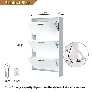 NOVAMAISON Narrow Shoe Storage Cabinet, Shoe Cabinet for Entryway with 3 Flip Drawers, Wood Hidden Shoe Storage, Freestanding Shoe Organizer for Hallway, Bedroom, Apartment, White
