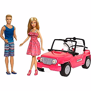 Barbie Car Beach Cruiser with Doll in Sundress and Ken Outfit, Pink 2-Seater Open Toy