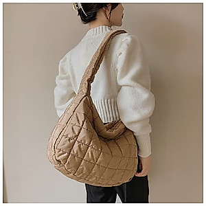 Puffer Bag Quilted Down Cotton Padding Shoulder Bag for Women Large Puffy Tote Bag Autumn Winter Lightweight Crossbody Handbag (Khaki)