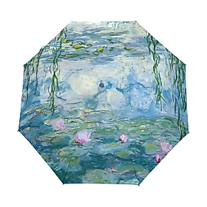 AHOMY Auto Open Close Umbrella, Water Lilies By Claude Monet Oil Paintings Flowers Folding Travel Umbrellas for Rain and Sun