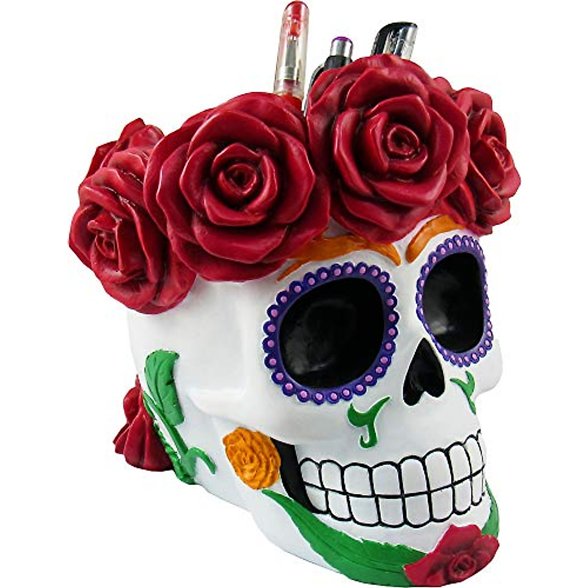 World of Wonders Sugar Skull Day of the Dead Makeup Brush Holder Organizer | Makeup Organizers For Vanity and Sugar Skull Gifts for Women | Día de Los Muertos Decoration - 5"