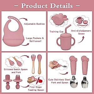 SILI FACTORY Silicone Baby Feeding Set - 10PCS Suction Bowl and Divided Toddler Plates Adjustable Bib Sippy Cup Spoons Forks -Baby Led Weaning Supplies,Toddler Baby Dish Set for 6+ Months