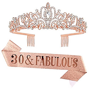 AOPRIE Birthday Crown for Women 30 & Fabulous Birthday Sash for Women Girls Rose Gold Birthday Tiara 30th Birthday Gifts Her Him Decoration for Women Princess Crown Rhinestone Headband Happy Birthday Accessories