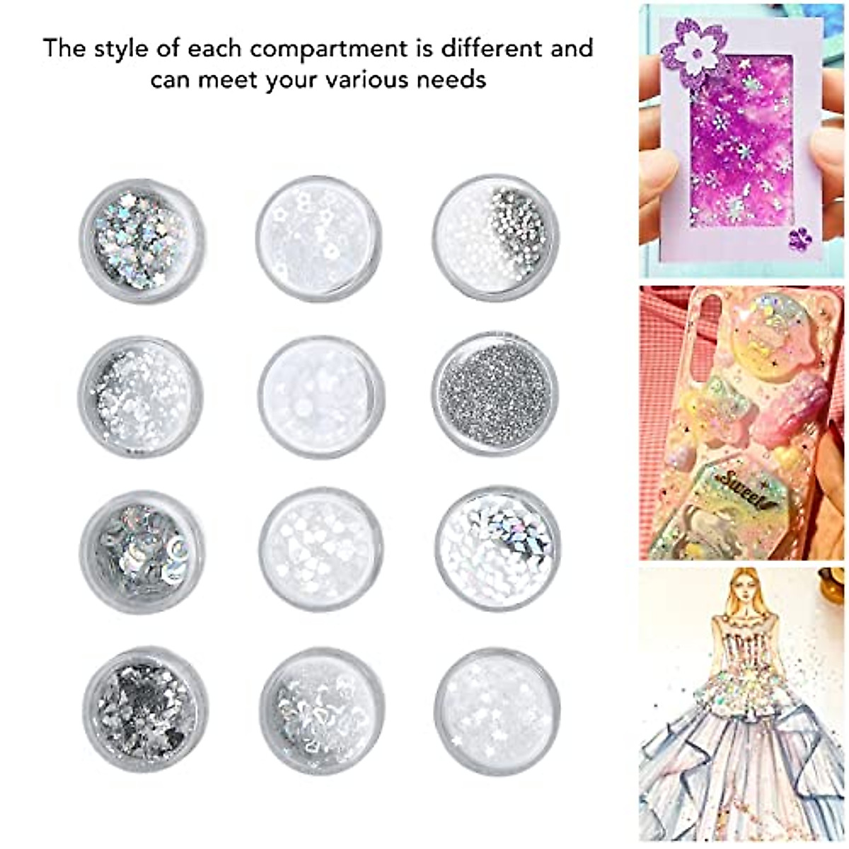 Nail Glitter Sequins, Decorations Craft Glitter Sequin Multiple Shapes Hand Made DIY 12 Grids for Homemade Cards(Silver)