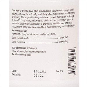 Revival Animal Health Doc Roy's Derma Coat Plus Skin & Coat Supplement for Small Dogs- 120 ct Chews