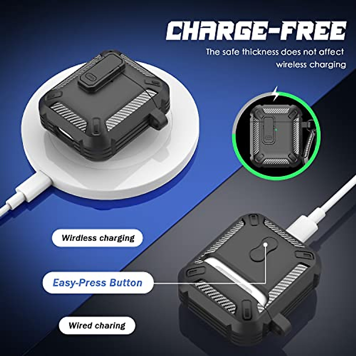 RFUNGUANGO AirPods 2nd Generation Case Cover with Cleaner Kit, Military Hard Shell Protective Armor with Lock for AirPod Gen 1&2 Charging Case, Front LED Visible,Black