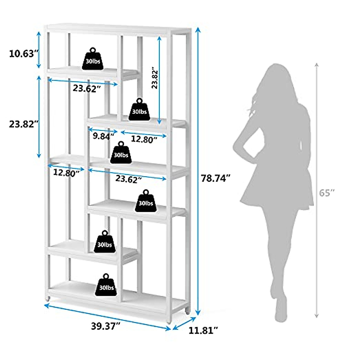 LITTLE TREE 78.7” Tall Bookshelf Industrial Bookcase for Living Room Home Office,White