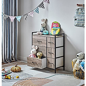 LINSY HOME Dresser for Bedroom, Chest of Drawers with Wood Top, 6 Drawer Nightstand with Fabric Drawers, Rustic Storage Dresser for Closet, Living Room, Hallway, Nursery, Kids, Greige