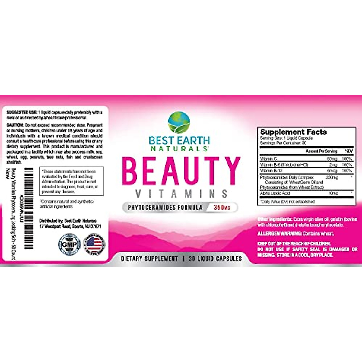 Best Earth Naturals Beauty Vitamins Phytoceramide Pills - Skin Hydrating Support Supplement with Alpha Lipoic Acid and More to Help Promote Hydrated Skin - 30 Count