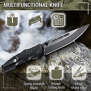 GRAND WAY Bundle of 2 Items - Pocket Folding Knife - Military Style - Boy Scouts Knife - Tactical Knife - Hobby Work Mini Knofe for Men Women - Folding EDC Knife - Kubaton Stocking Stuffers for Men