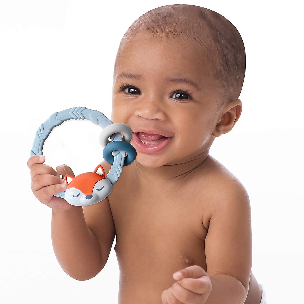 Itzy Ritzy Silicone Teether with Rattle; Rattle Teether Features Rattle Sound, Two Silicone Teething Rings and Raised Texture to Soothe Gums; Ages 3 Months and Up (Fox)