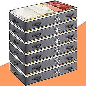 KONIGEEHRE 6 Pack Underbed Storage Bags, Foldable Under Bed Container Bins Organizer for Clothes, Linen, Blanket, Sweater, Duvet, Shoes with Clear Window and 4 Handles, 40x20x6 in