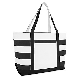 DALIX Striped Boat Bag Premium Cotton Canvas Tote in Black