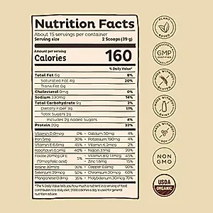 KOS Plant Based Protein Powder, Chocolate USDA Organic - Low Carb Pea Protein Blend, Vegan Superfood with Vitamins & Minerals - Keto, Soy, Dairy Free - Meal Replacement for Women & Men - 15 Servings