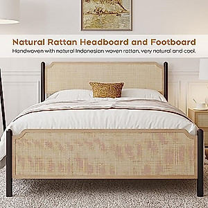 Brafab Natural Rattan Metal Bed Frame Queen Size with Wooden Headboard/Footboard, Modern Style Cane Boho Bed Frames with Heavy Duty Sturdy Steel Slat Support Bedframe, No Box Spring Needed