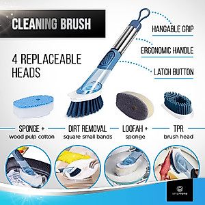 Simpl Home Kitchen Sink Organizer Set - Stainless Steel Sponge Holder Includes Soap Dispenser, Dish Scrubber with 4 Brush Heads Rust-Proof Storage Caddy Hooks Organization Accessories, Black