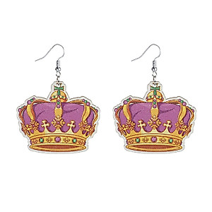 Mardi Gras Earrings for Women Lightweight Wooden Carnival Earrings Purple Green Pendant Earrings Mardi Gras Accessory for Party Favors Crown Clown Hat Lips 6 Pairs