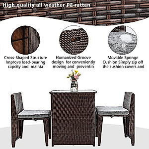 Bonnlo 3 PCS Wicker Outdoor Patio Bistro Set, Patio Furniture Set for Small Space with Glass Top Table Wicker Dining Chairs, Outdoor Balcony Furniture Dining Table Set for Garden Yard Porch