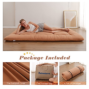 Zelladorra Japanese Floor Mattress, Futon Mattress with Portable Storage Bag and Washable Cover, Roll Up Mattress Thick Tatami Mattress Suitable for Camping, Guest Room, Light Coffee, Twin