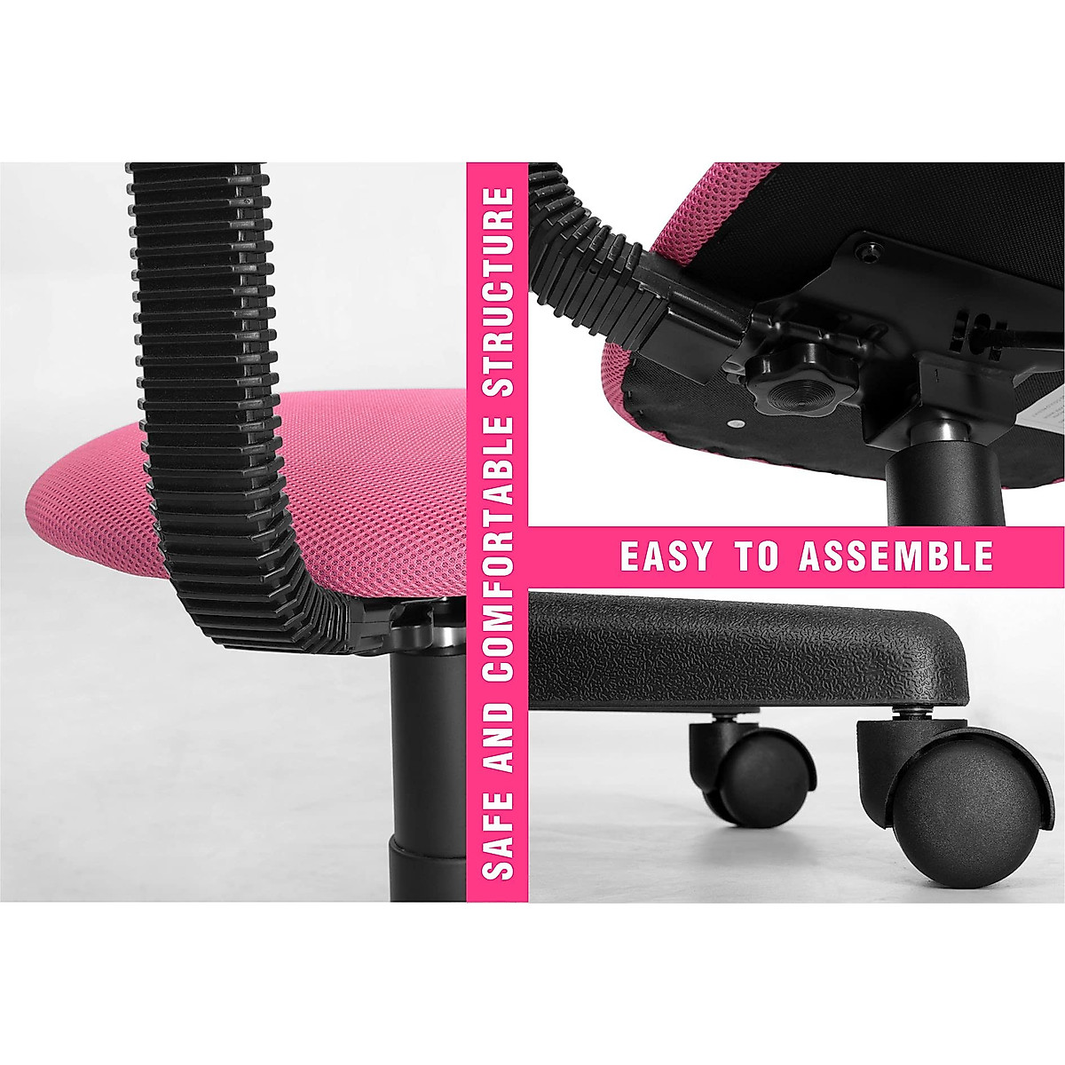 JJS Kids Rolling Drawing Desk Chair, Small Swivel Office Computer Chair for Teens, Low-Back Adjustable Coloring Upholstered Student Task Chair, Pink