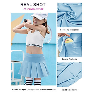 Arshiner Tennis Skirt Pleated Golf Skirts with Pockets Workout Sports Running Athletic Mini Skort (Light Blue, 8-9 Years)