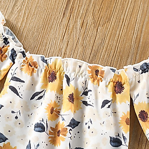 Omkzanbi Toddler Girl Bell Bottoms Outfit Sunflower Off Shoulder Bodysuit Romper Denim Flared Pants Summer Jean Outfit (White Blue, 12-18 Months)