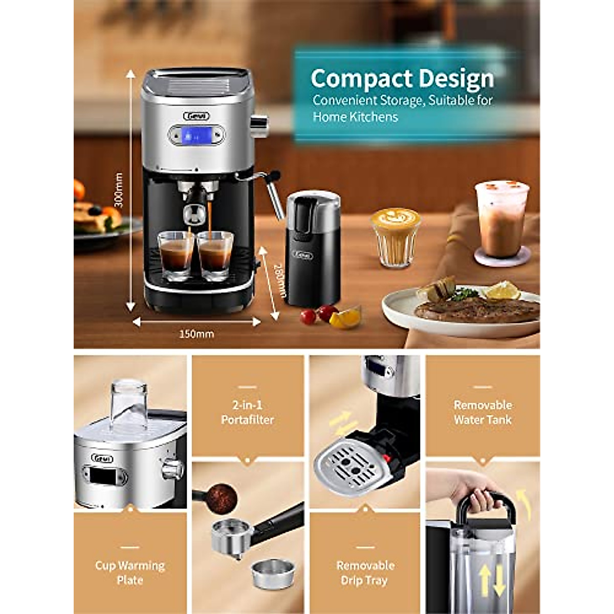 Gevi Espresso Machines 20 Bar Fast Heating Automatic Cappuccino Coffee Maker with Foaming Milk Frother Wand for Espresso, 1.2L Removable Water Tank, Double Temperature Control System 1350W, Black