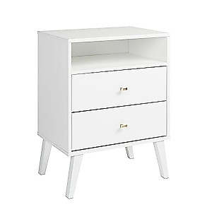 Prepac Milo Mid-Century Modern 2 Drawer Nightstand With Open Shelf, 16"D x 22.5"W x 29.5"H, White