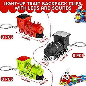 24 Pcs Trains Party Favors Train Keychain Light Up Backpack Clips with LEDs and Sounds LED Train Party Birthday Supplies Fun LED Light Up Keychains Classroom Rewards Goodie Bag Filler Carnival Prize