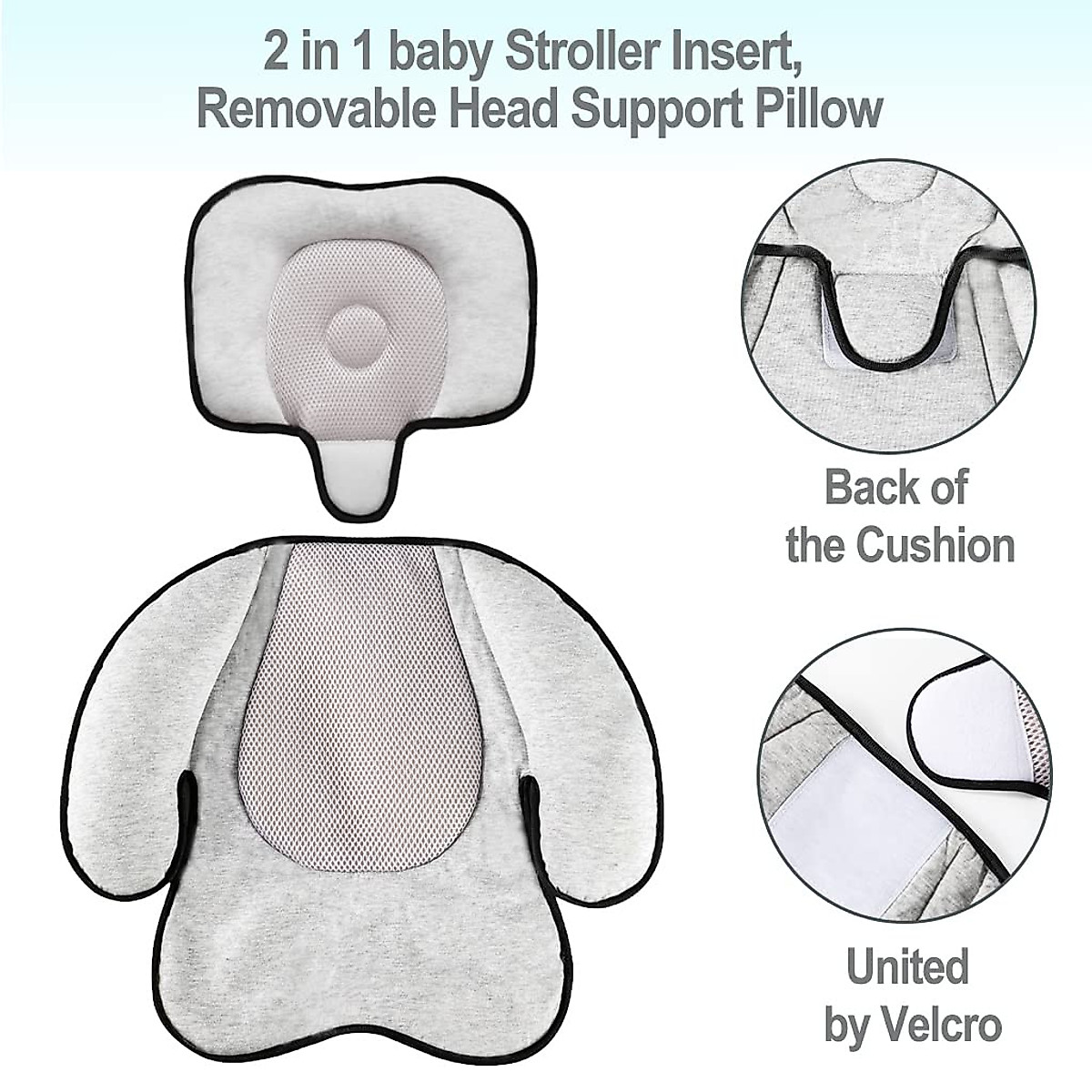 KAKIBLIN 3 in 1 Baby Stroller Seat Cushion, Toddler Car Seat Pad Baby Head Pillow Neck Support Cushion for Newborn and Toddler, Grey