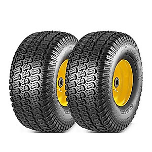 MaxAuto 2 Pcs Lawn Mower Tires 15x6.00-6 with Wheel for Riding Mowers, 3" Offset Hub Long with 3/4" bearings, Pneumatic Tire