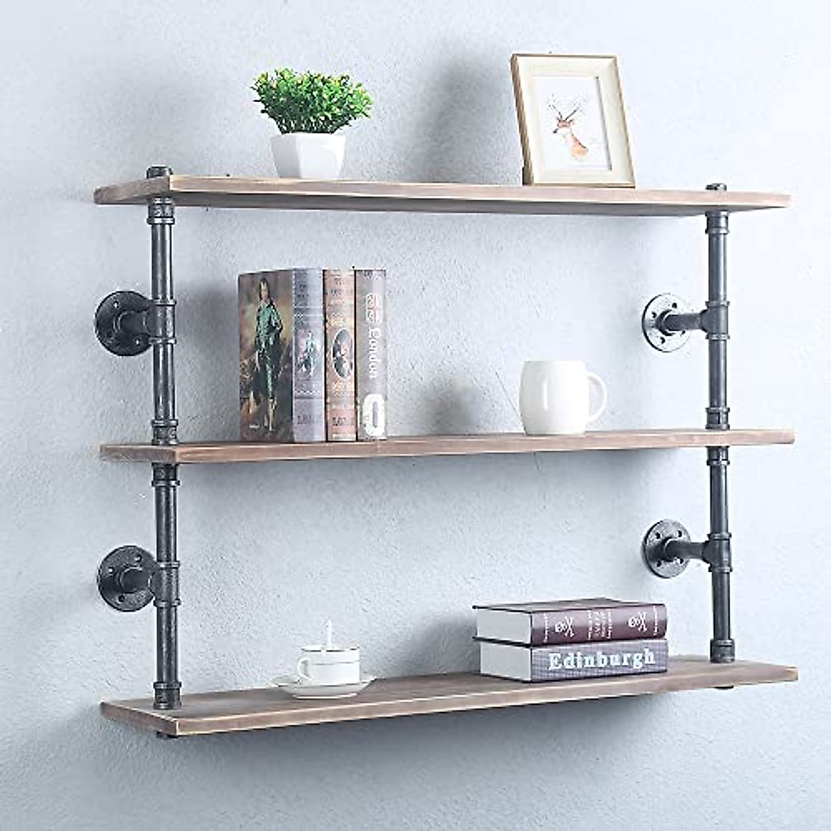 JIANZHUO Industrial Pipe Shelf Real Wood Floating Shelves,Rustic 3 Tier Wall Shelf Bar Pipe Shelving,Steampunk Pipe Shelves Wall Mounted,Metal Bookshelf Kitchen Wall Shelves(36in)
