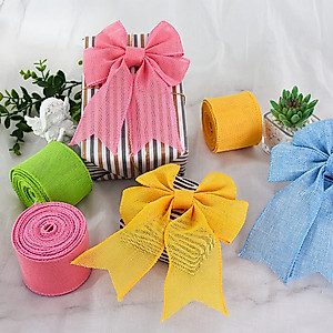 TONIFUL 4 Rolls Easter Ribbon, Burlap Wired Ribbons, Yellow, Pink, Baby Blue, Green, Faux Burlap Ribbon, for Easter Home Decor Wreath Front Door Gift Wrapping Tree Topper Bow Crafts (2 Inch x 40 yds)