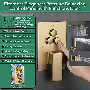 VANFOXLE Shower Faucet Set Brushed Gold Shower System with 6 PCS Body Jets(2 Inch),Push Button Diverter Shower Fixtures with 2 in 1 Handheld,10 Inch Shower Head(Rough-in Valve Body and Trim Included)