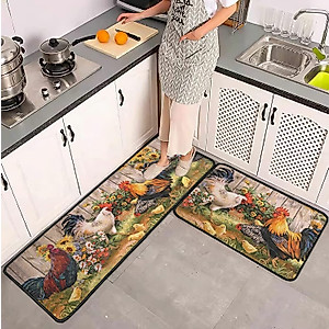 Ghroiep Rooster Rug 2 Piece Set Sunflower Decor Kitchen Floor Mat, Microfiber Washable Runner Farmhouse Chicken Decorations Mats,17"x47"+17"x30"