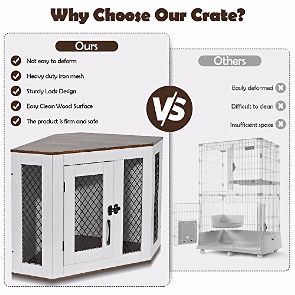 BOEASTER Corner Dog Crate Furniture, Wooden Dog Kennel End Table with Door Furniture Style Dog House Pet Crate Indoor Use for Small Medium Dogs (L38.65 x W23.03 x H26.3in)