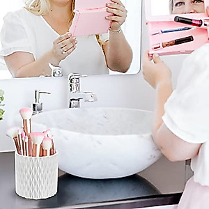 Makeup Brush Holder 360° Rotating Organizer 5 Slot Cosmetic Storage Makeup Brushes Cup Pen Holder for Vanity, Desk,Bathroom Countertops,Nordic Style Waterproof Cosmetic Display Cases (White)