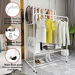 HOJINLINERO Clothing Garment Rack White Heavy Duty Commercial Grade for Hanging Clothes with Metal Mesh Shelves