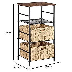 VECELO Tall End/Side Table with 2 Wicker Basket Storage Shelf Telephone Stand for Living Room, Bathroom, Bedroom, Office, Entryway, Easy Assembly, 3-Tier, Brown