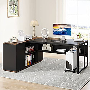 Tribesigns 71 inch Executive Desk, L Shaped Desk with Cabinet Storage, Executive Office Desk with Shelves, Business Furniture Desk Workstation for Home Office, Brown and Black