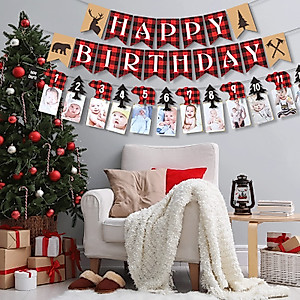 Lumberjack Baby Shower Banner Lumberjack Theme Happy 1st Birthday Garland and High Chair Banner Wild Bear Tree Monthly Photo Banners for Baby Shower Kid Birthday Hunting Party Supplies Decoration (red and black plaid)