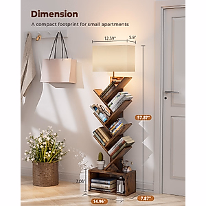Evermagin 6 Tier Tree Bookshelf with Light, Small Bookcase Tower for Books/CDs/Movies, Tall Floor Standing Book Organizer with Storage Cabinet for Living Room, Bedroom & Home Office, Rustic Brown