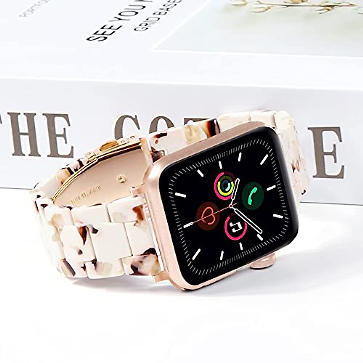 HOPO Compatible With Apple Watch Band 38mm 40mm 42mm 44mm Thin Light Resin Strap Bracelet With Stainless Steel Buckle Replacement For iWatch Series 8 7 6 5 4 3 2 1 SE (Nougat White/Rose Gold,38/40/41mm)
