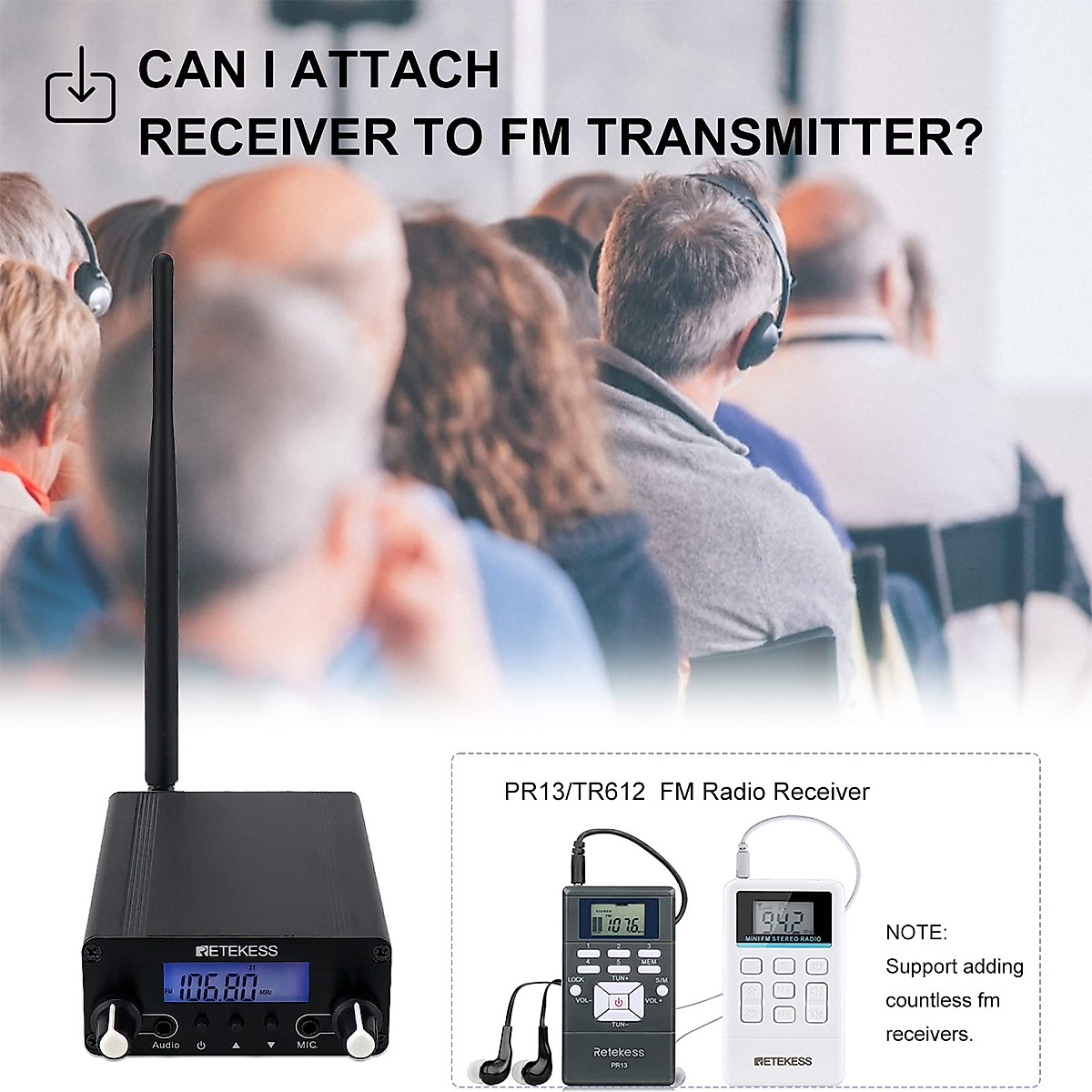 Retekess TR508 FM Listening System with TT123 Wireless Microphone and 10 PR13 FM Receiver for Drive in Movie, Church, FCC Certified