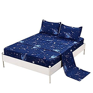 MAG 4 Pcs Bedding Set Space Sheets Galaxy Sheets Planets Stars Rockets Twin Sheet Set for Kids Teens and Space-Lovers, Super Soft Microfiber, Twin Size
