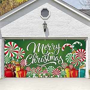 13 x 6 FT Christmas Garage Door Cover Banner Backdrop Decorations - Extra Large Candy Cane Gift Box Printed Hanging Door Background for Indoor Outdoor House Patio Lawn Outside Décor Party Supplies